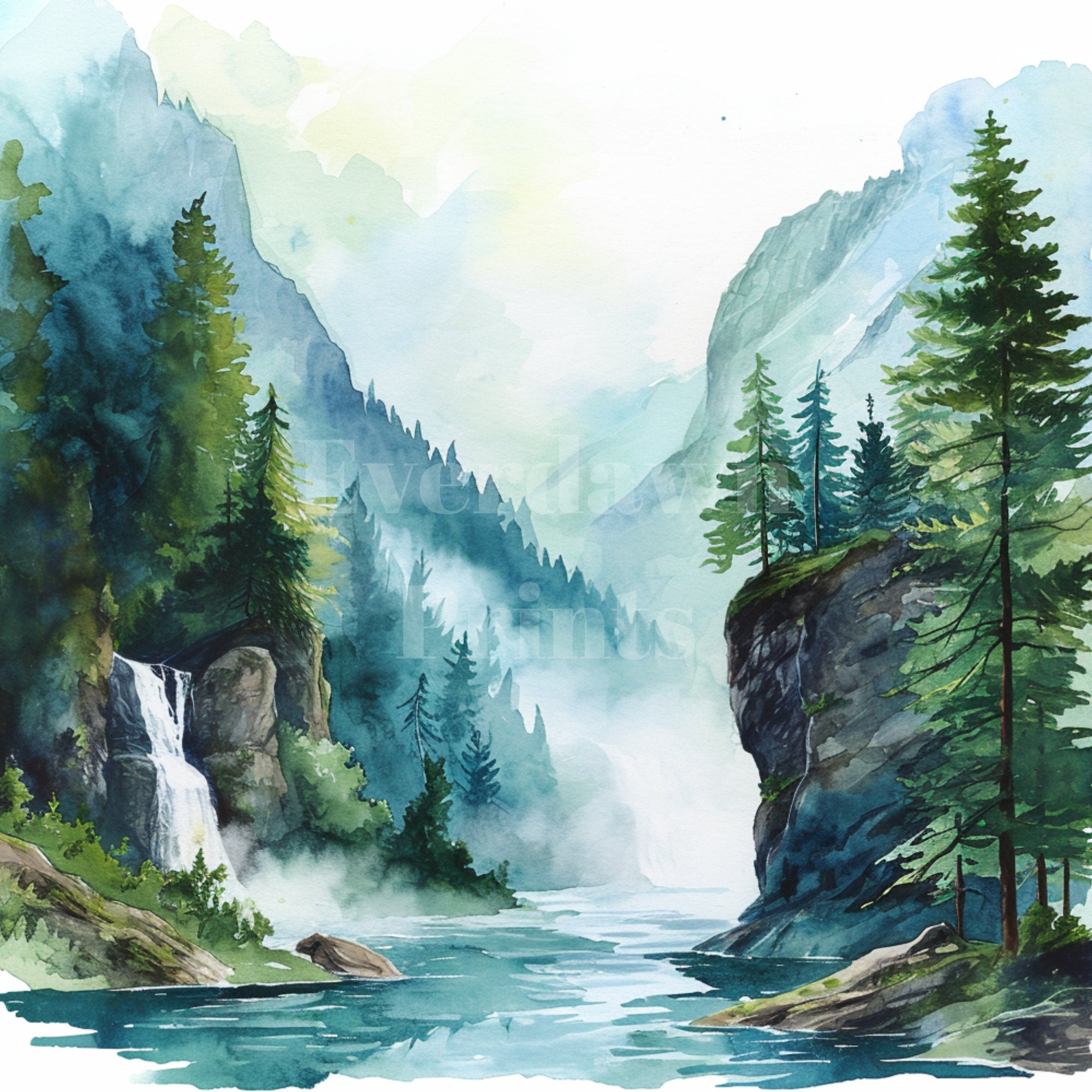 24 Trees Near River and Mountains Watercolor Clipart - Foggy Forest ...