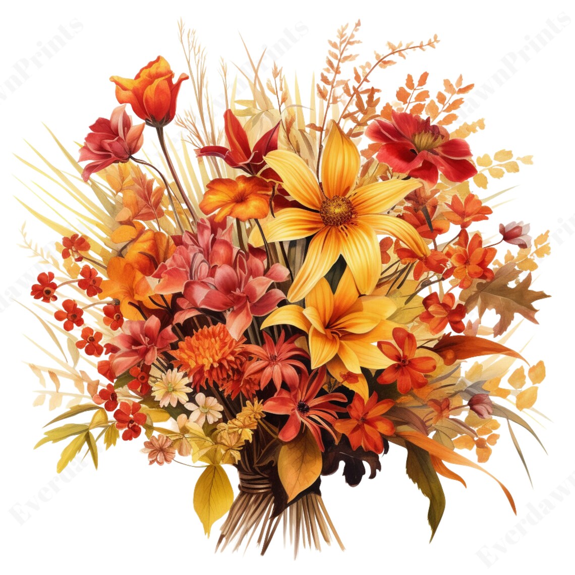 32 Watercolor Flower, Transparent Autumn Flowers, Boho Flower PNG, Fall ...