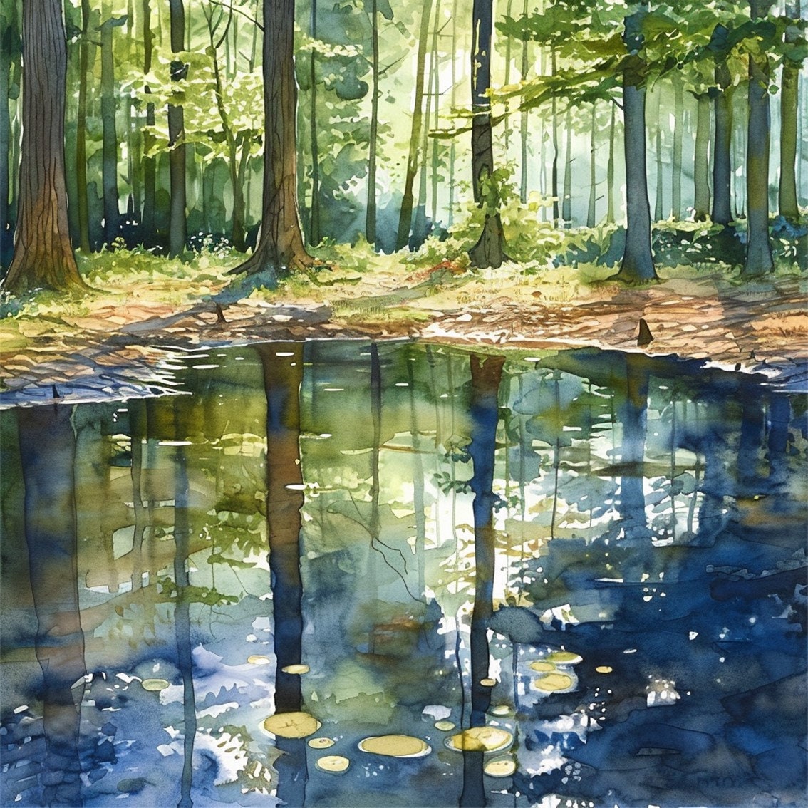 24 Pond in a Forest Watercolor Clipart, Watercolor Forest Background ...