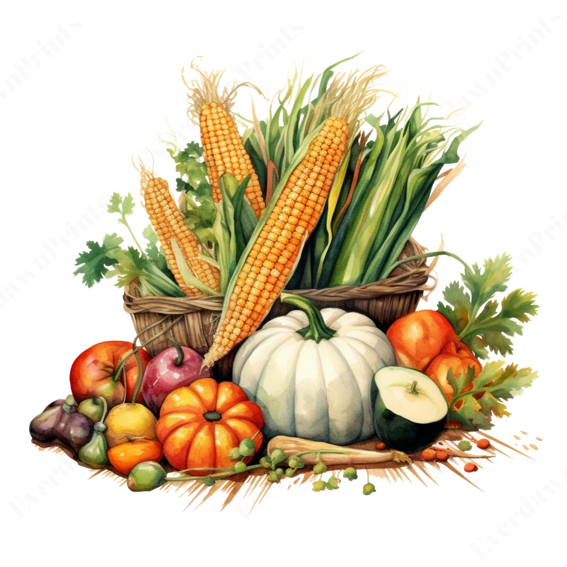 21 Watercolor Harvest Vegetables Clipart, Autumn, Corn, Pumpkin ...