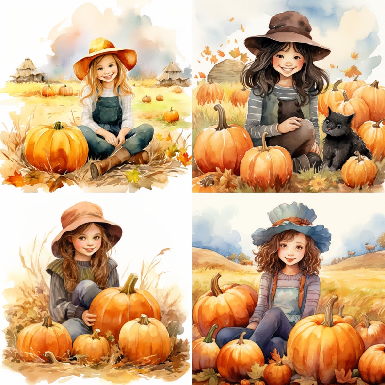 19 Watercolor Pumpkin Patch Girl Clipart, Clipart, PNG, Autumn Girl ...