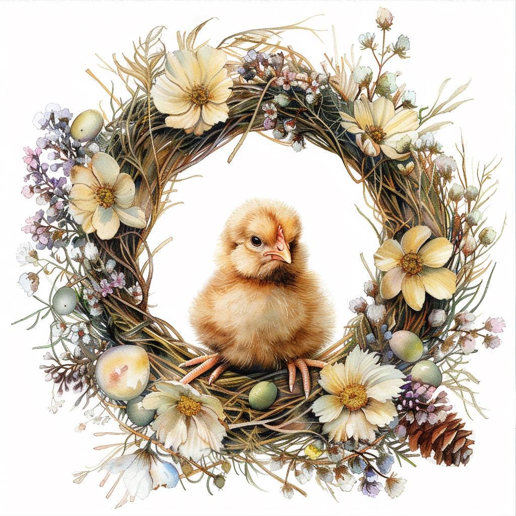 24 Chick Clipart, Floral Wreath Clipart, Watercolor Chick, Spring ...
