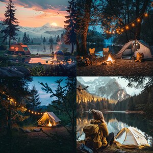 24 Camping Adventure Clipart, Retro Car and Tent in Forest, Nighttime ...