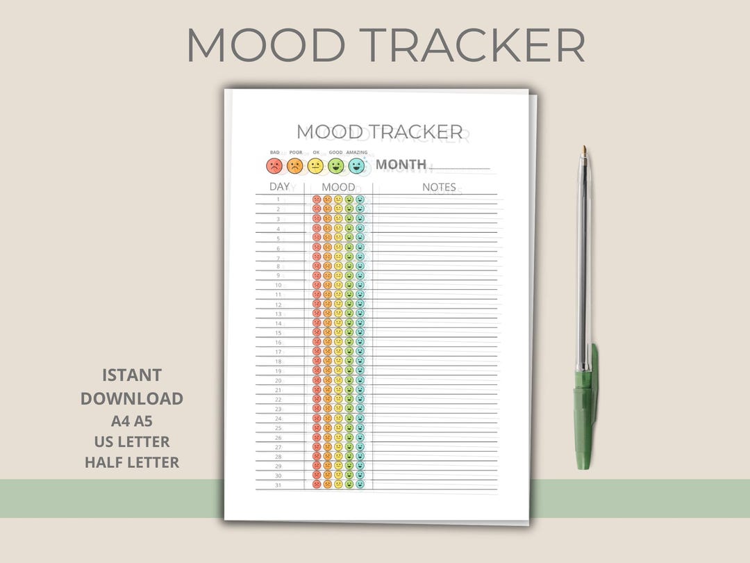 Monthly Mood Tracker Printable, Mood Tracker PDF, Mental Health Tracker ...