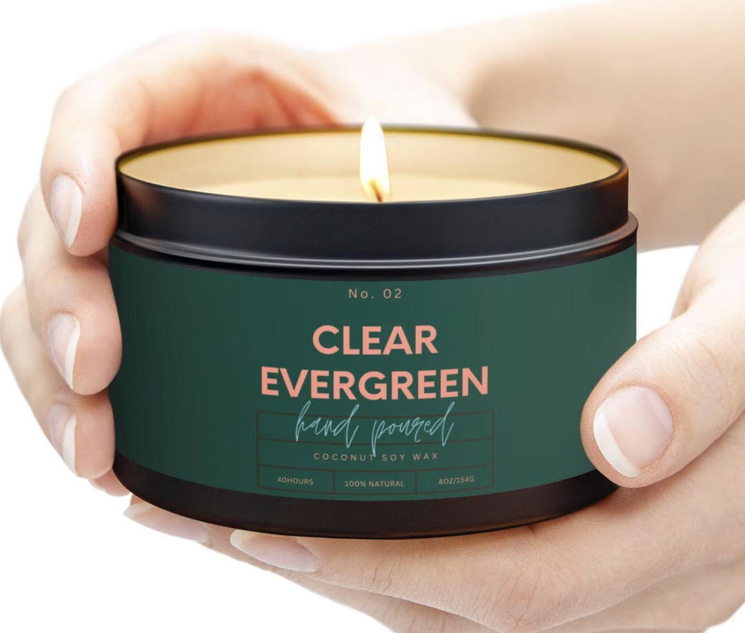 Clear Evergreen Candle | 8oz Coconut Soy Wax in Black Tin - Etsy