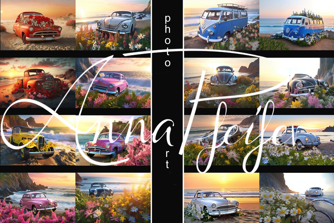 201 Digital Backdrops: Vintage Beach Cars, Photoshop Overlays, Floral ...