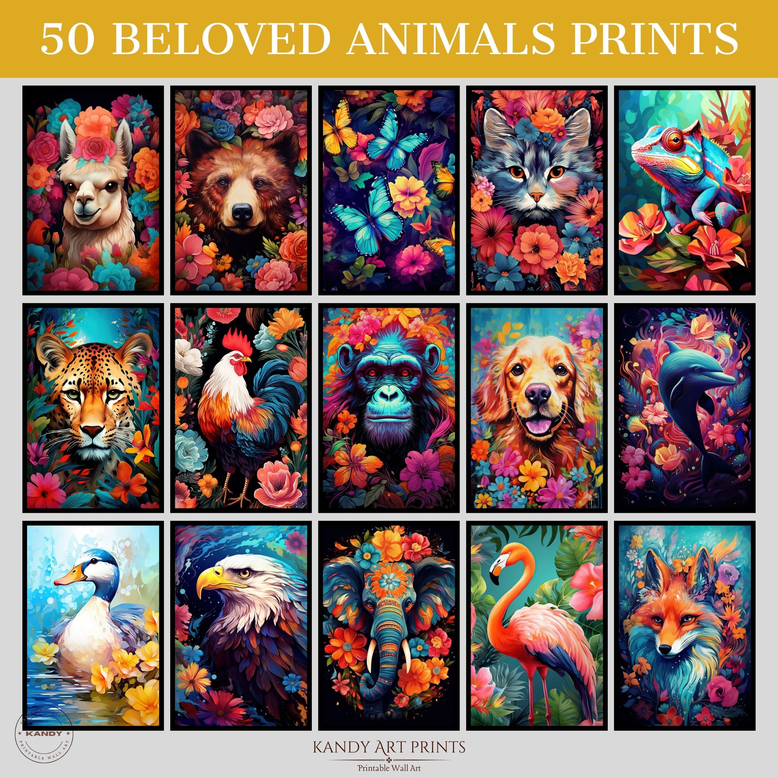 50 Beloved Animals Prints, Colorful Animal, Animal Art, Office Poster ...