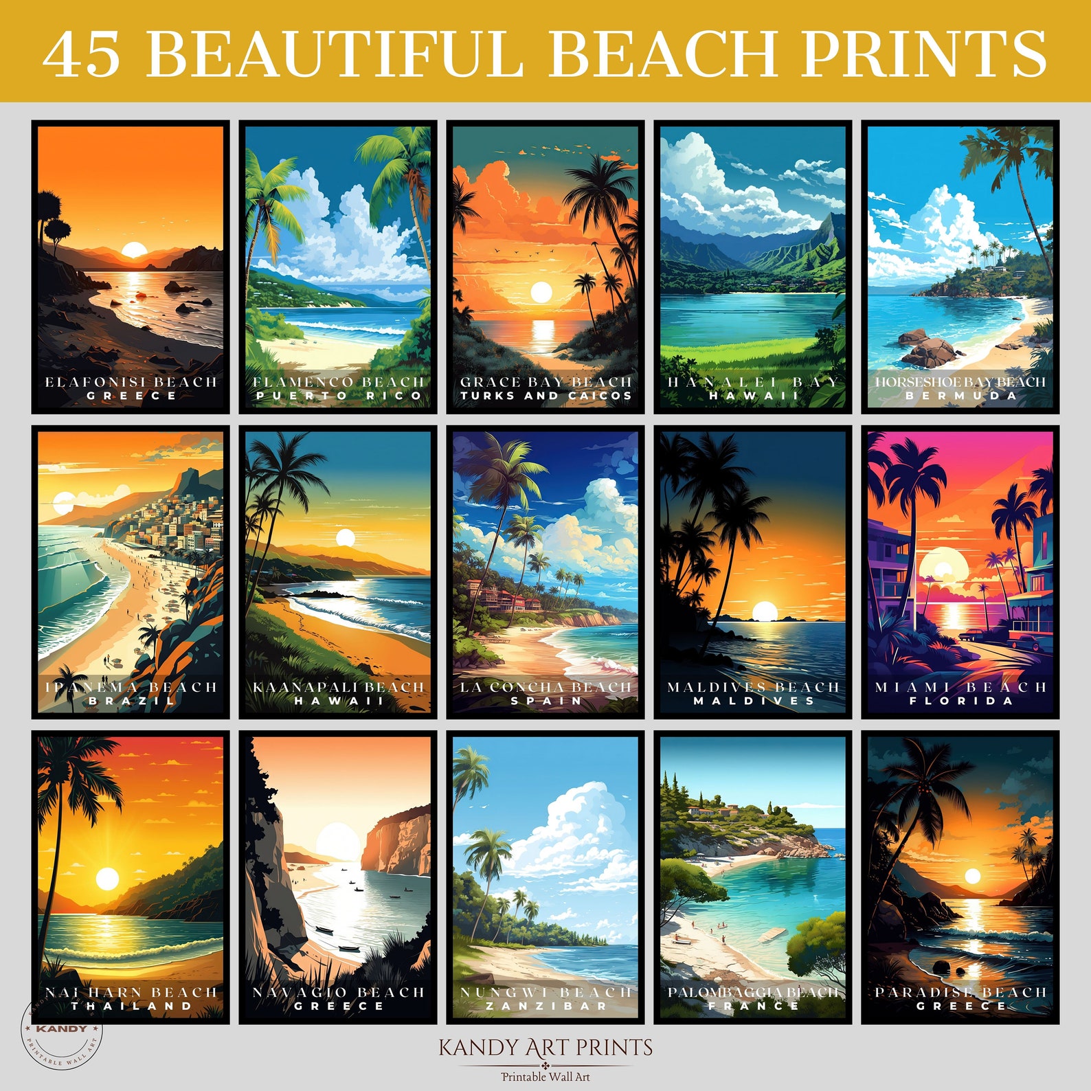 Travel Posters, 45 Beautiful Beach Prints, Beach Lover Gift, Retro ...