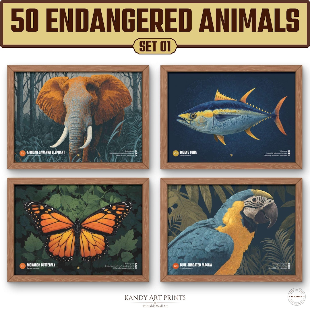 50 Endangered Animals Prints, Threatened Species, Office Poster, Animal ...