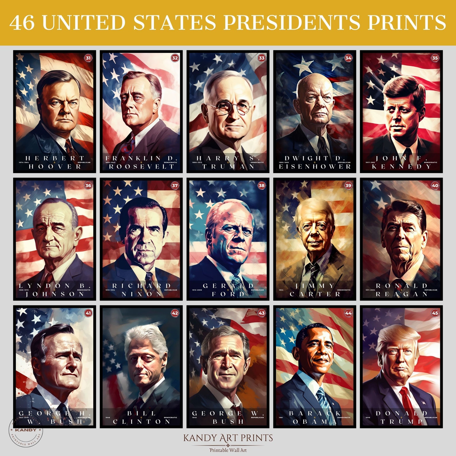 46 US Presidents Prints, US Presidents Poster, American History ...