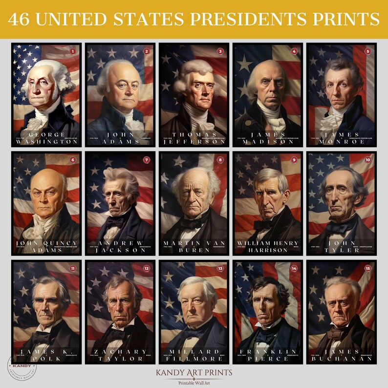 46 US Presidents Prints, US Presidents Poster, American History, Office ...