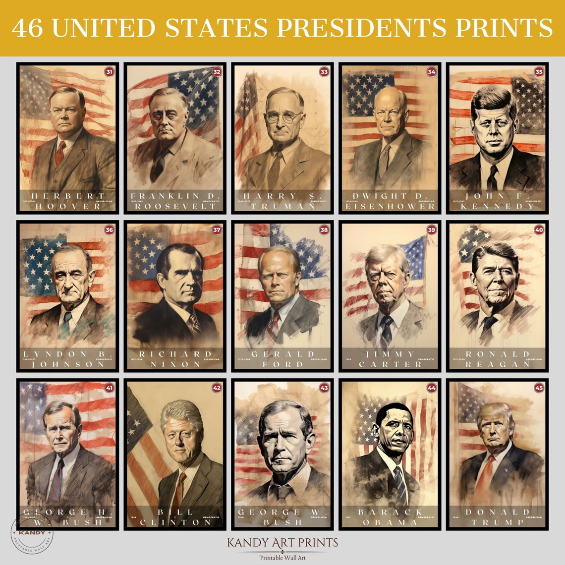 46 US Presidents Prints, US Presidents Poster, American History ...