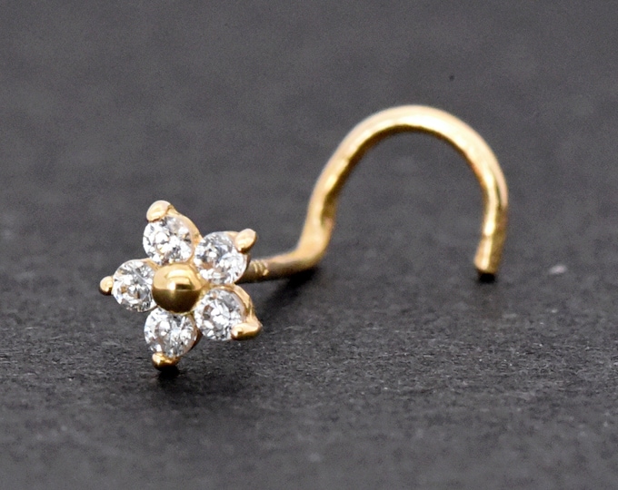 Tiny Flower CZ 14k Gold Nose Screw Stud, 0.5mm 24 Gauge Thickness Nose ...