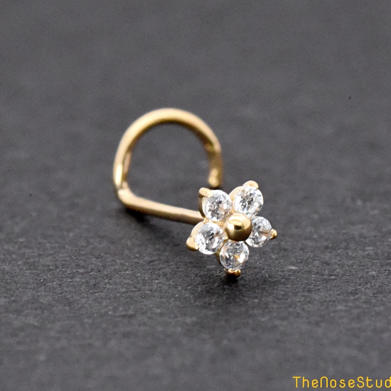 Tiny Flower CZ 14k Gold Nose Screw Stud, 0.5mm 24 Gauge Thickness Nose ...