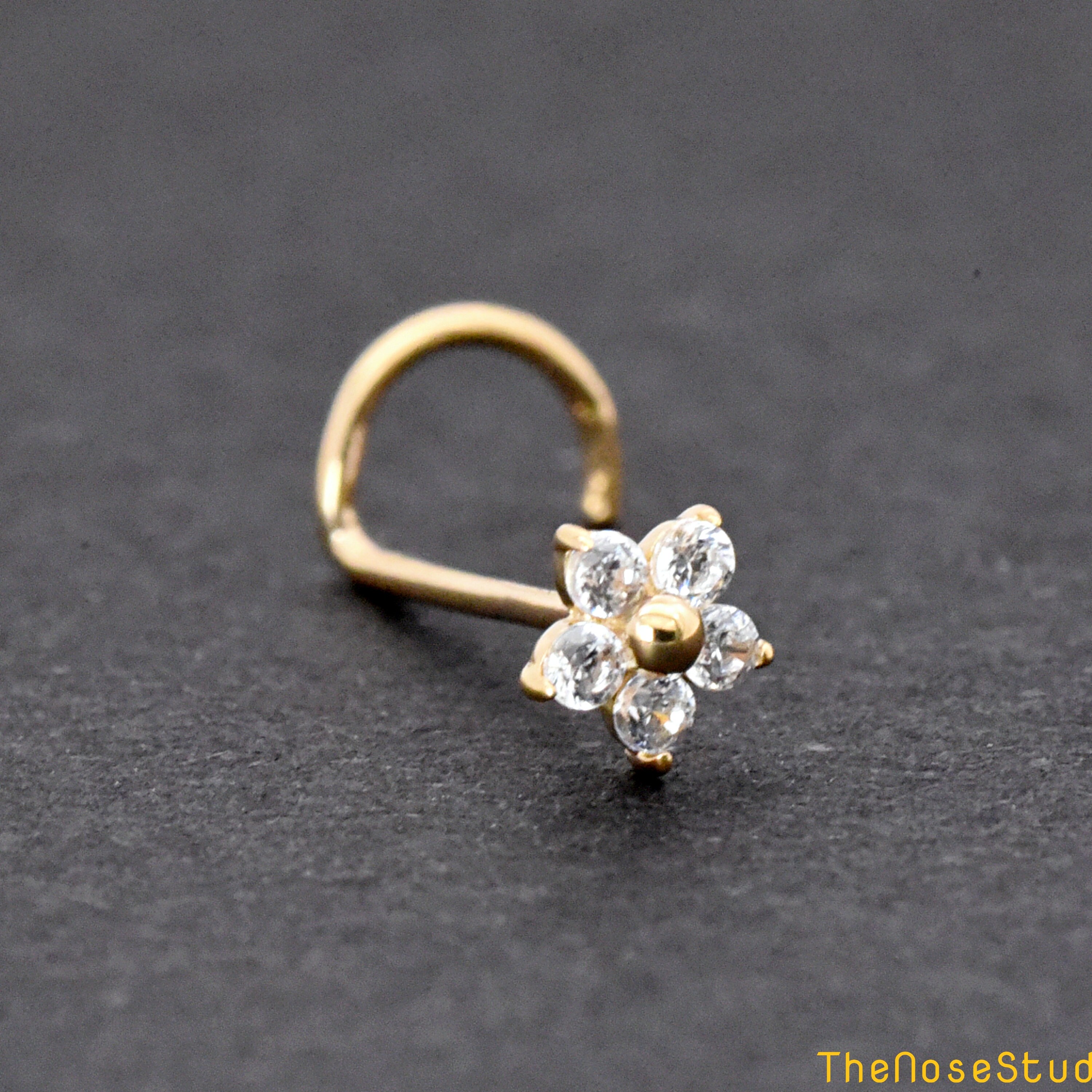Tiny Flower CZ 14k Gold Nose Screw Stud, 0.5mm 24 Gauge Thickness Nose ...