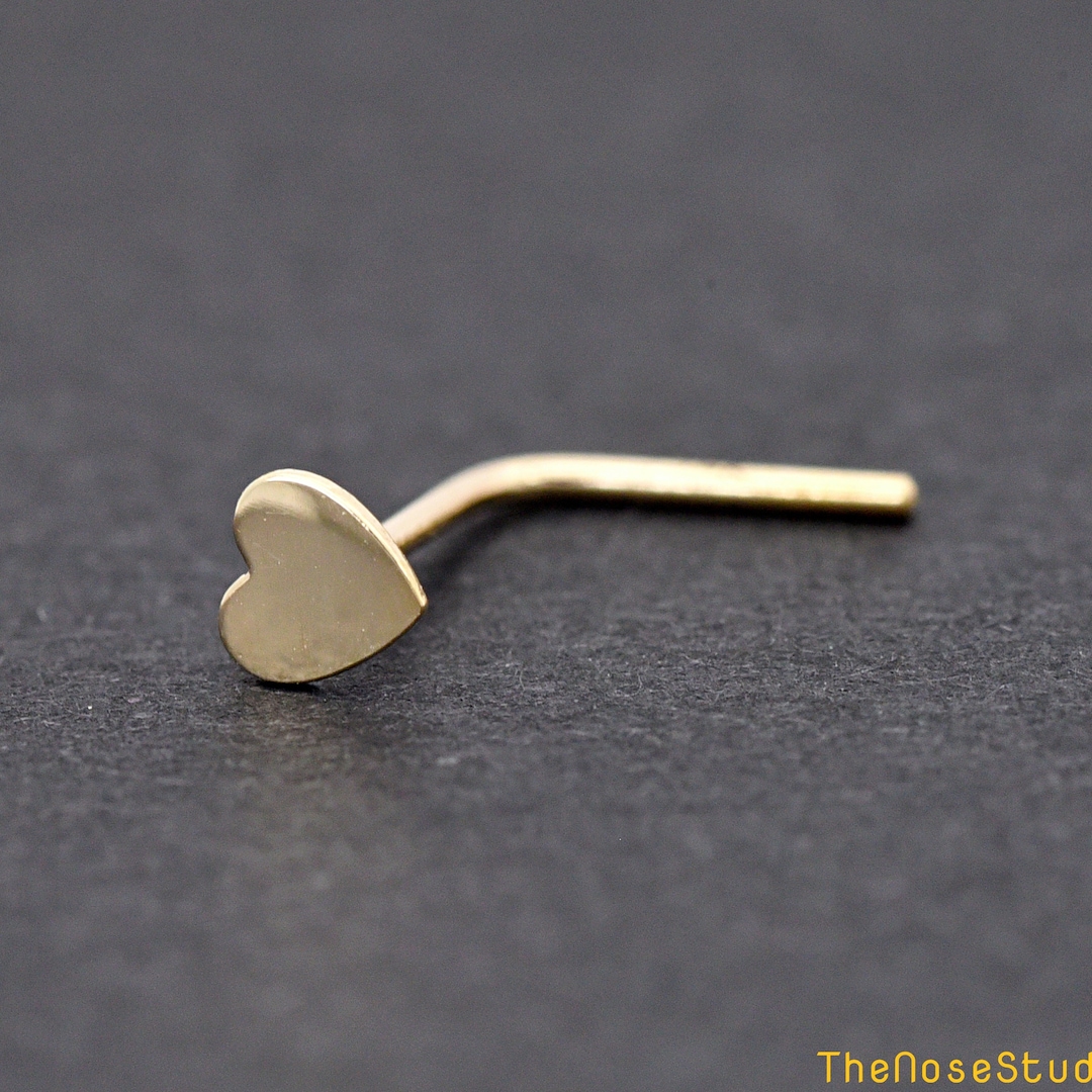 3mm Flat Heart 14k Gold L Shape End Nose Ring, L-bend Nose Ring Gold ...