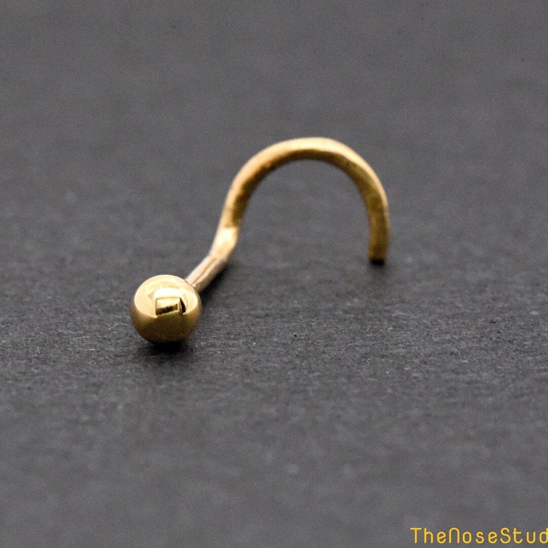 Solid 14k Gold 2mm Ball Corkscrew Nose Ring Stud, Screw Nose Stud Gold ...