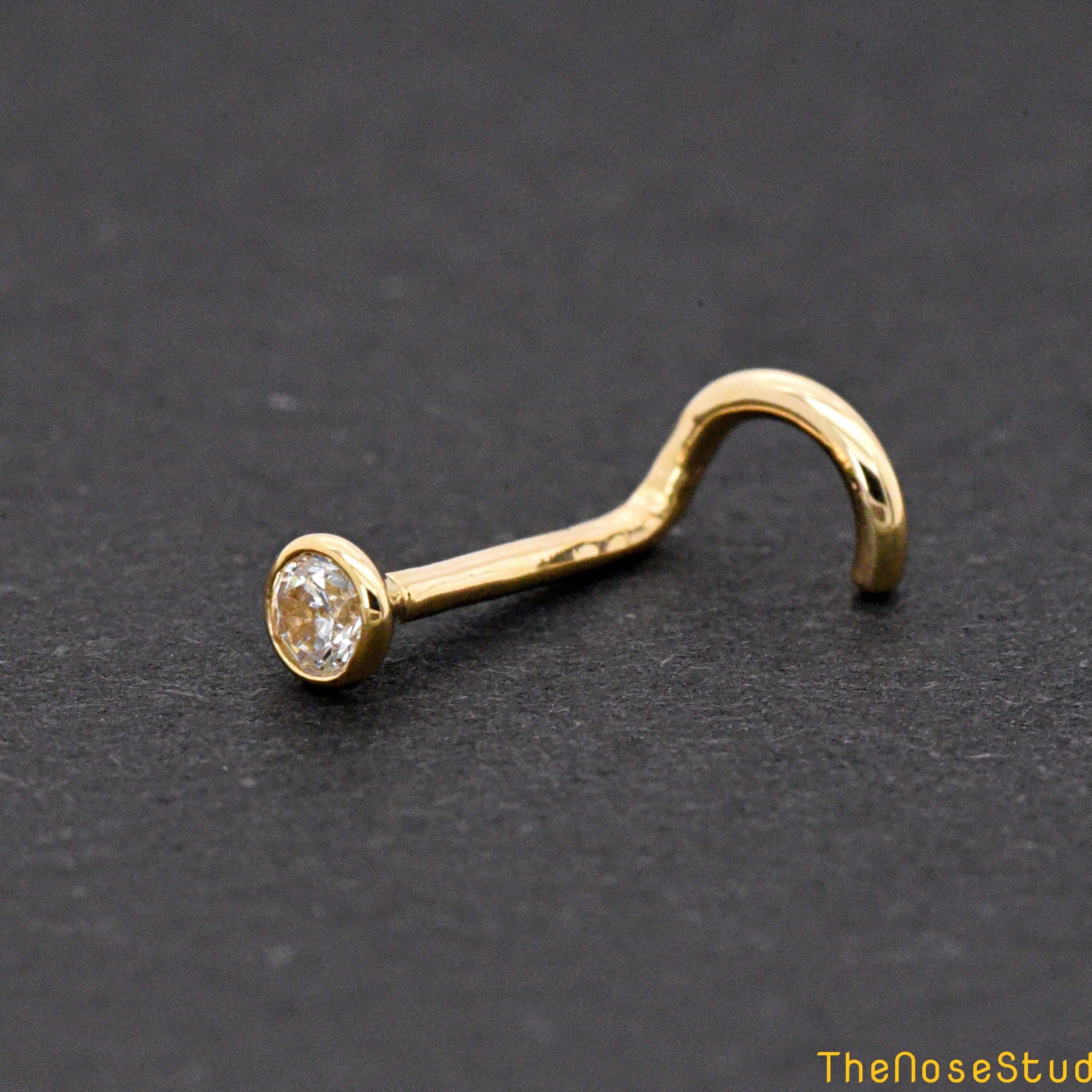 2mm Clear Cubic Zirconia Bezel Set 14K Solid Gold Nose Corkscrew Stud ...