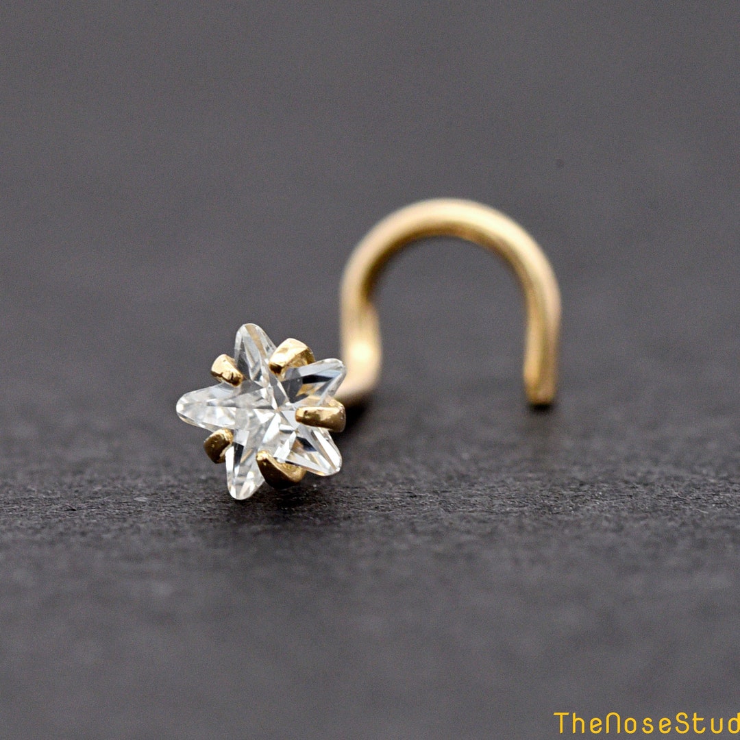 Tiny Flower CZ 14k Gold Nose Screw Stud, 0.6mm 22 Gauge Thickness Nose ...