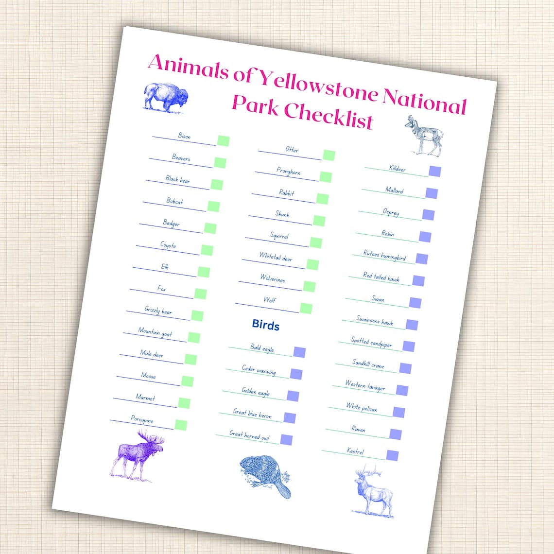 Yellowstone National Park Animal Checklist Printable, Wildlife ...
