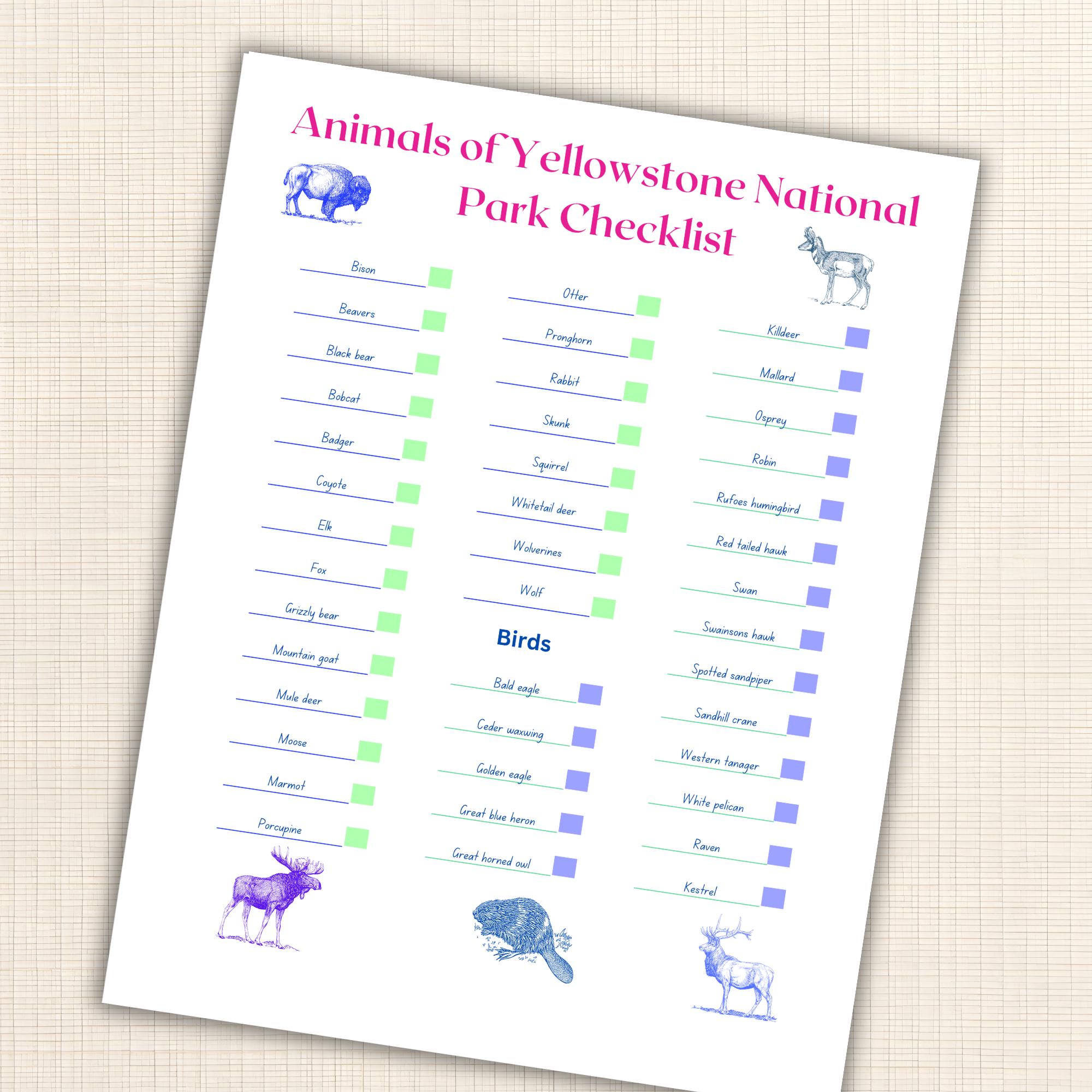Yellowstone National Park Animal Checklist Printable, Wildlife ...