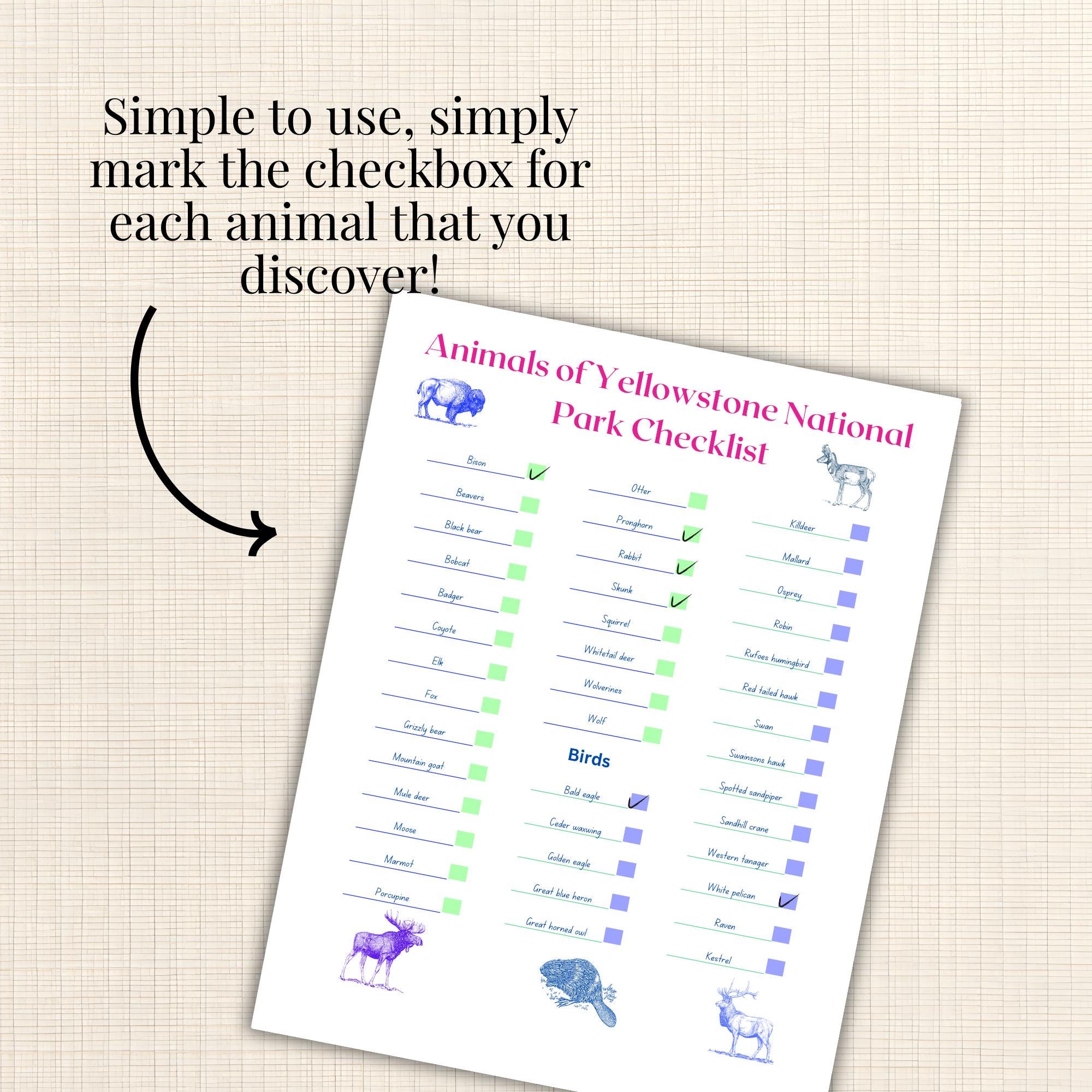 Yellowstone National Park Animal Checklist Printable, Wildlife ...