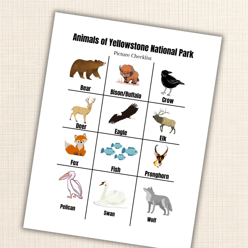 Yellowstone Wildlife Picture Checklist - No Reading Required - Etsy