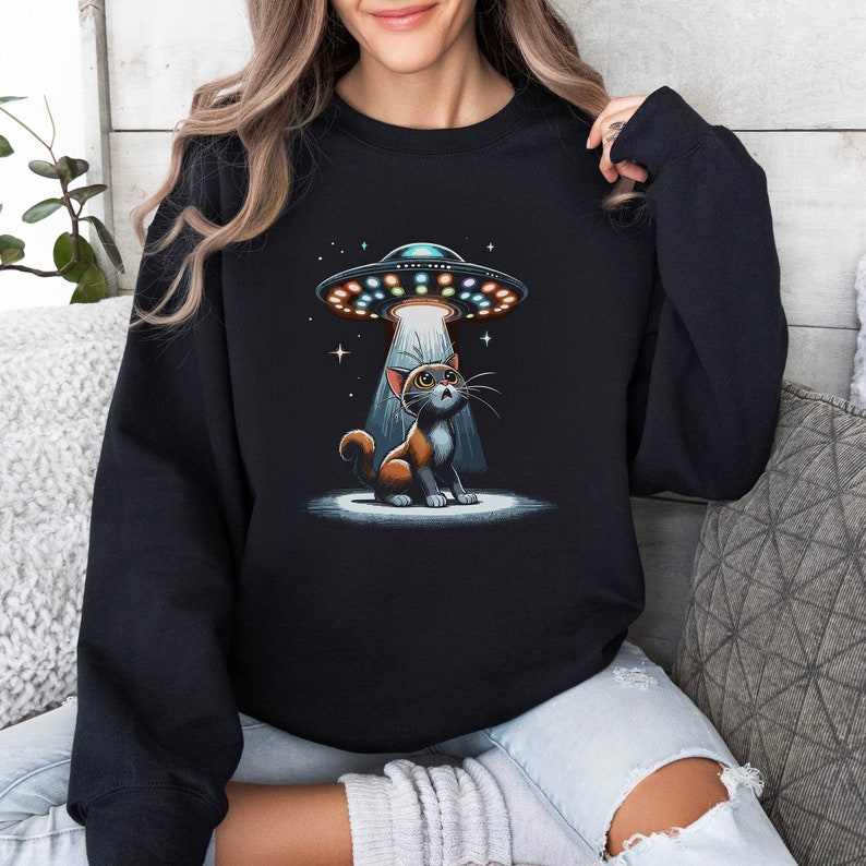 Cat UFO Kitty Sweatshirt. Cute Kitten Extra Terrestrial Funny Design ...