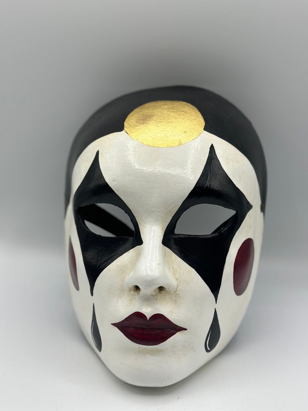 Original Pierrot Mask Woman. White, Red and Black Harlequin Mask With ...