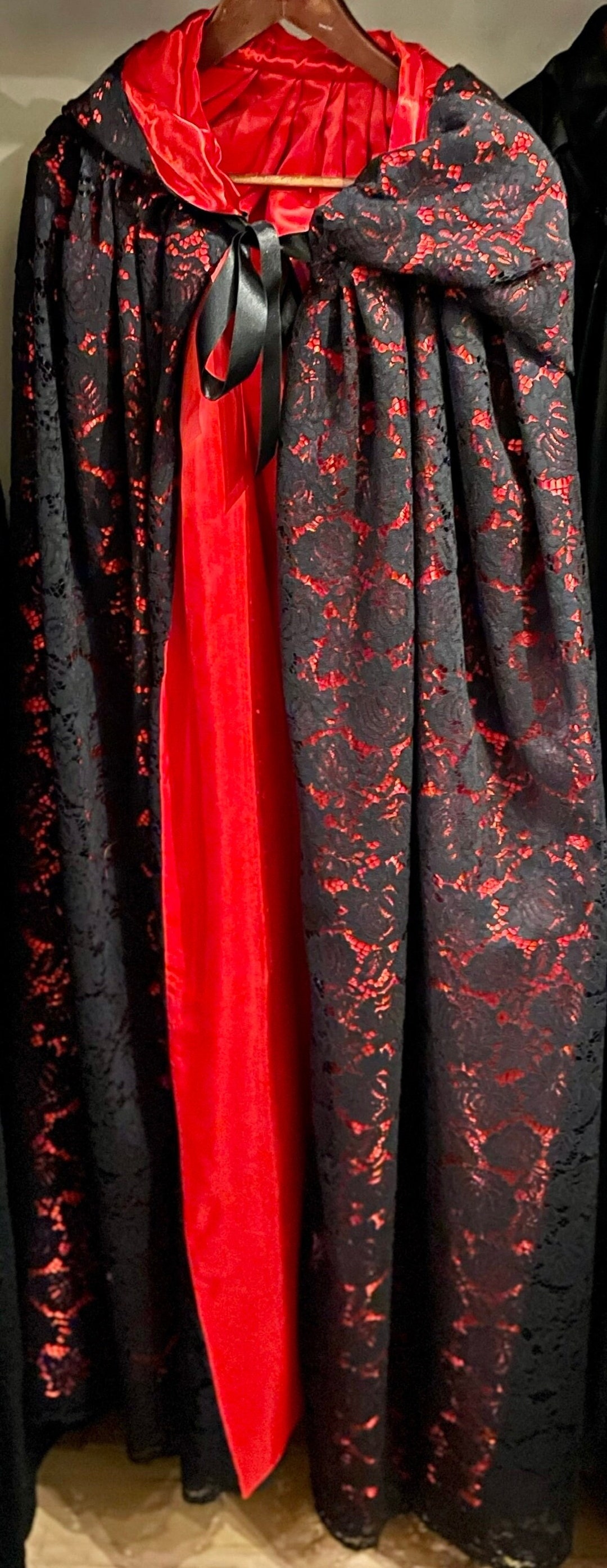 Red Cape in Red Satin Covered With Black Lace With Hood. Elegant and ...