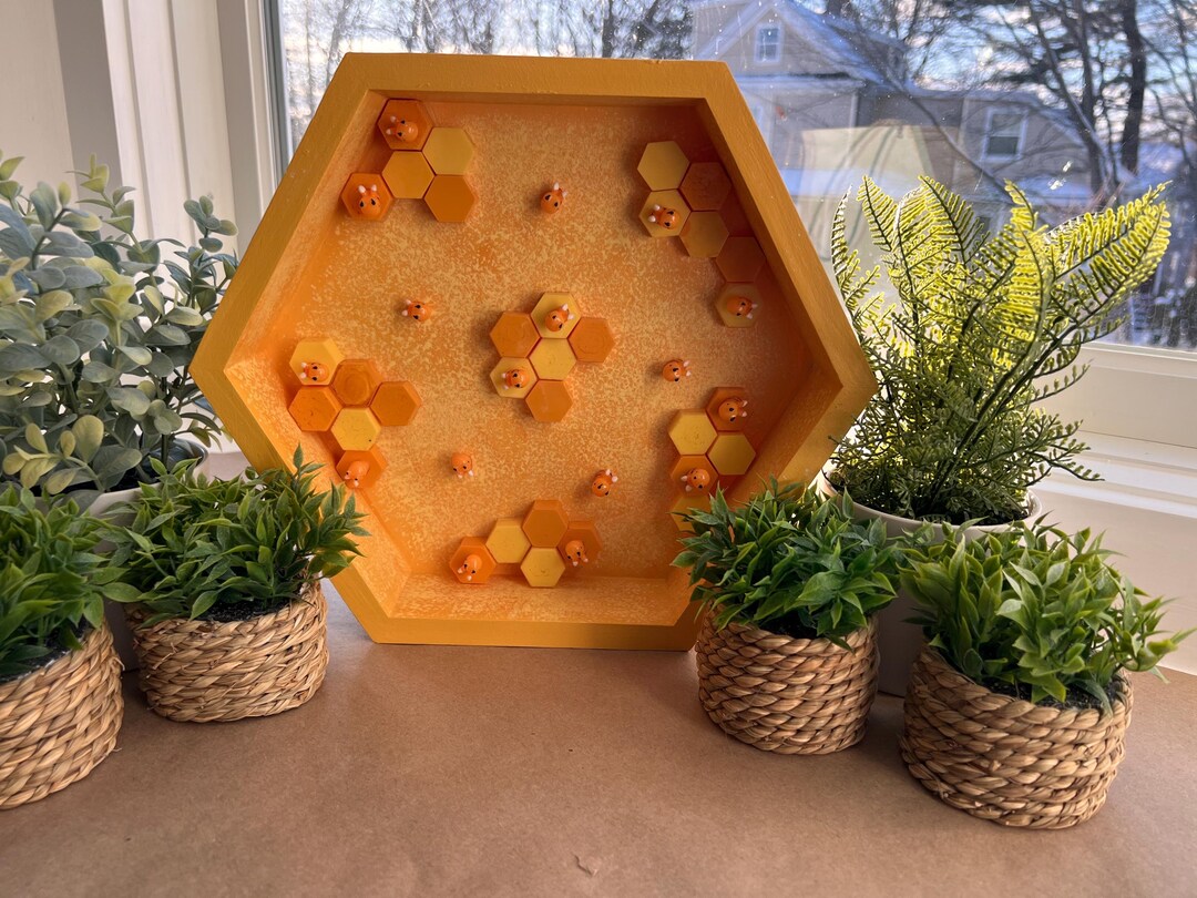 Large Wooden Honeycomb Wall Decor With Resin and Mini Bees – Handmade ...