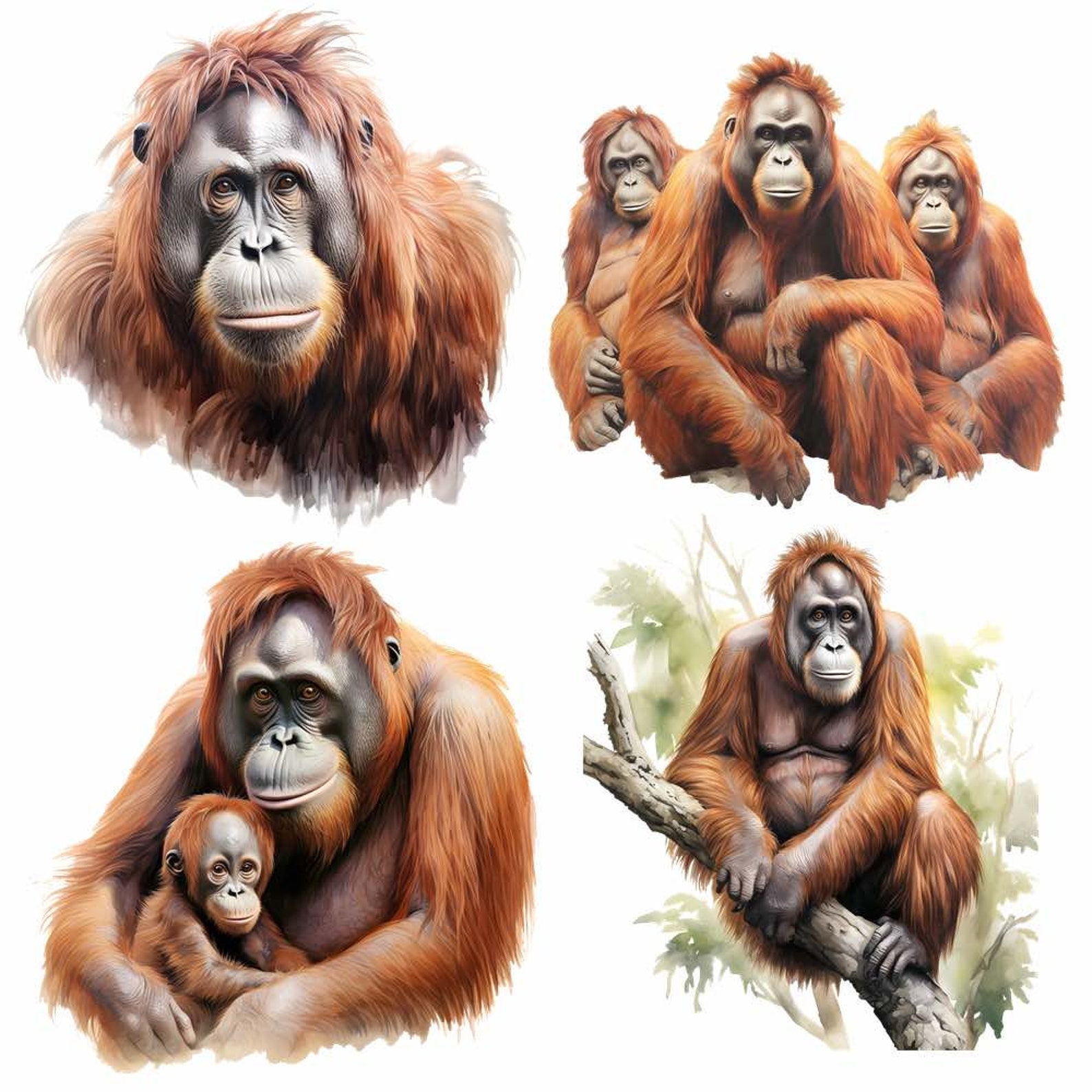 Apes Watercolor Clipart Digital Downloads, 28 Simian Primate Wildlife ...