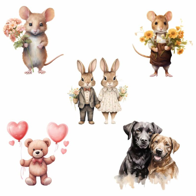 Valentine's Day Animals Watercolor Clipart, 30 PNG Images Cute Animal ...