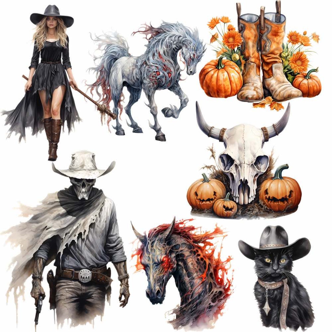 Western Halloween Watercolor Clipart Digital Downloads Overlay Horror ...