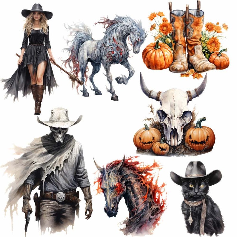 Western Halloween Watercolor Clipart Digital Downloads Overlay Horror ...