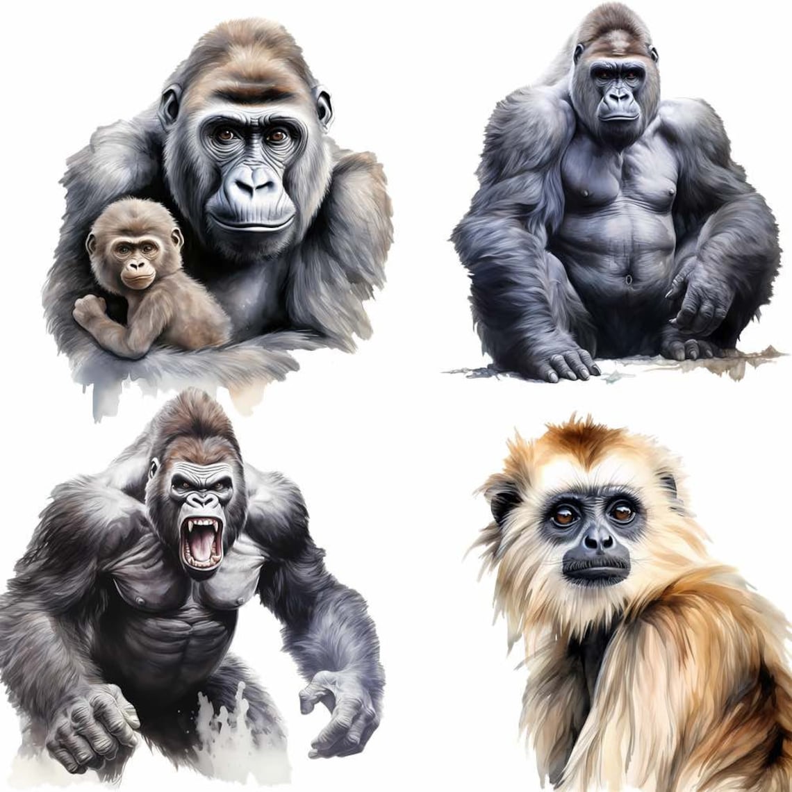 Apes Watercolor Clipart Digital Downloads, 28 Simian Primate Wildlife ...