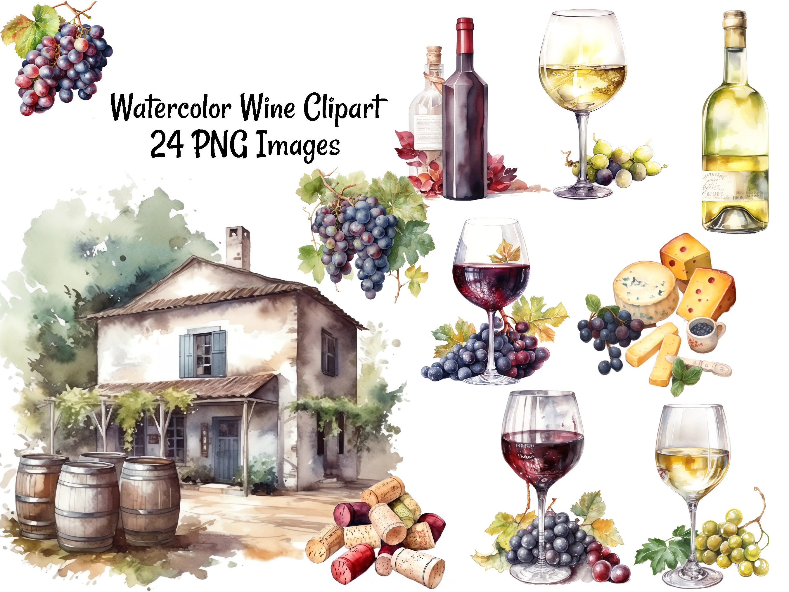 Wine Drinks Alcohol Clipart Digital Downloads, Watercolor Overlay ,24 ...