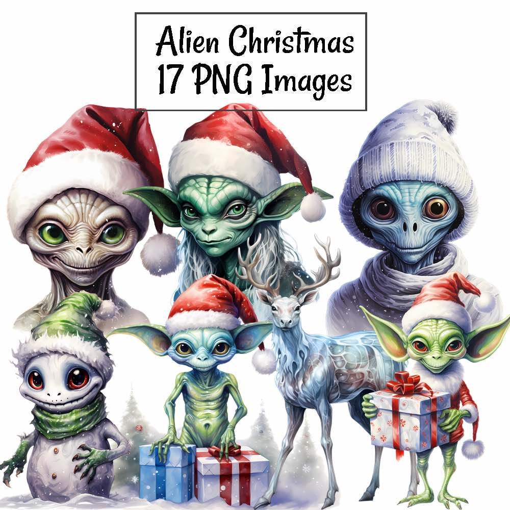 Alien Christmas Clipart Digital Downloads, 17 Overlay Christmas Holiday ...