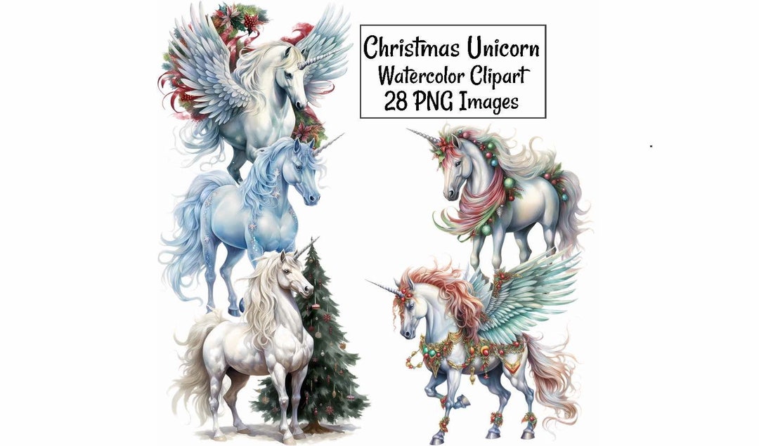Christmas Unicorn Watercolor Giant Clipart Digital Downloads, 28 Winter ...