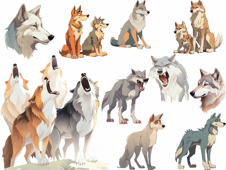 Cartoon Wolf Wolves Digital Downloads 20 Illustration - Etsy