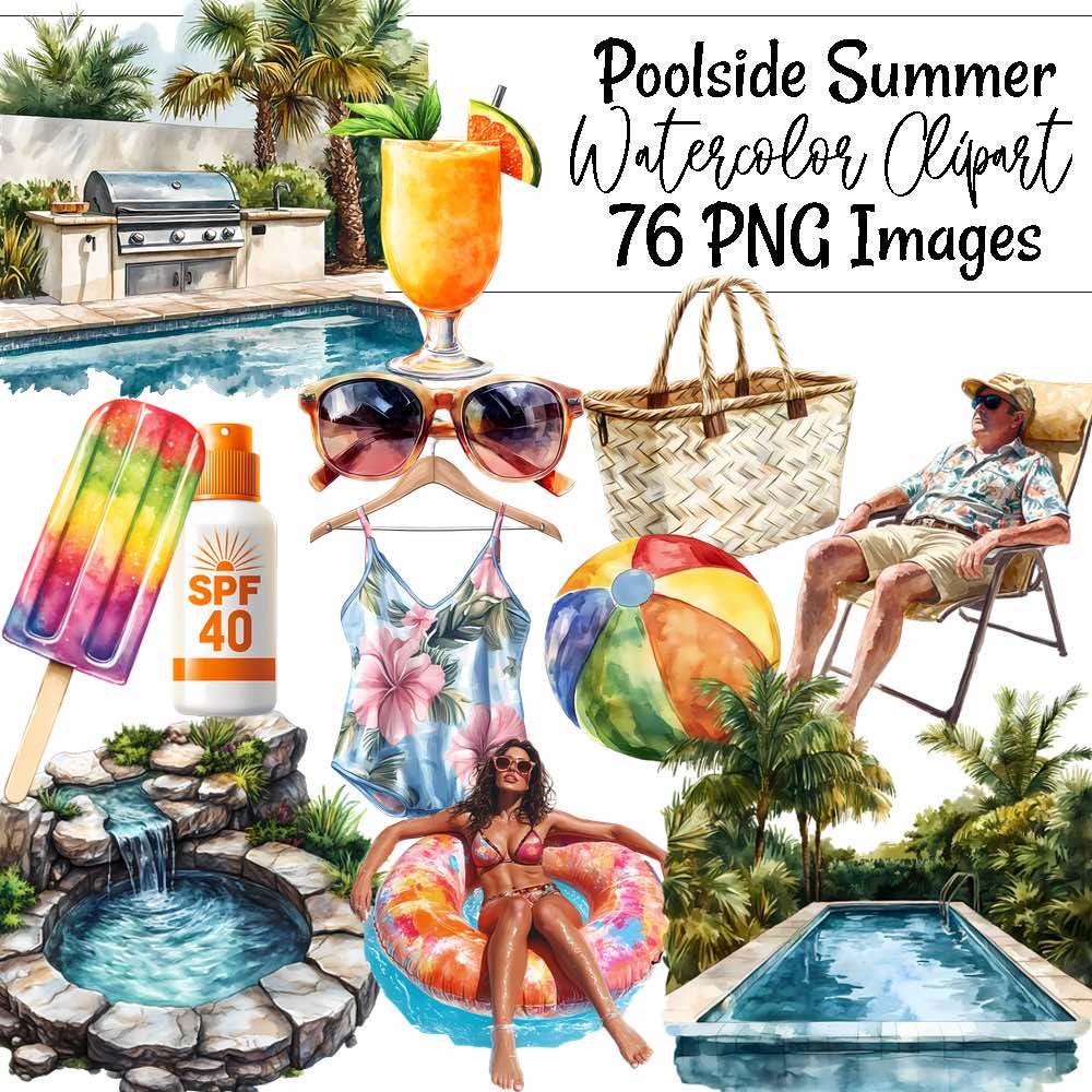 Pool Watercolor Clipart Poolside Summer Art Pool Party Digital ...