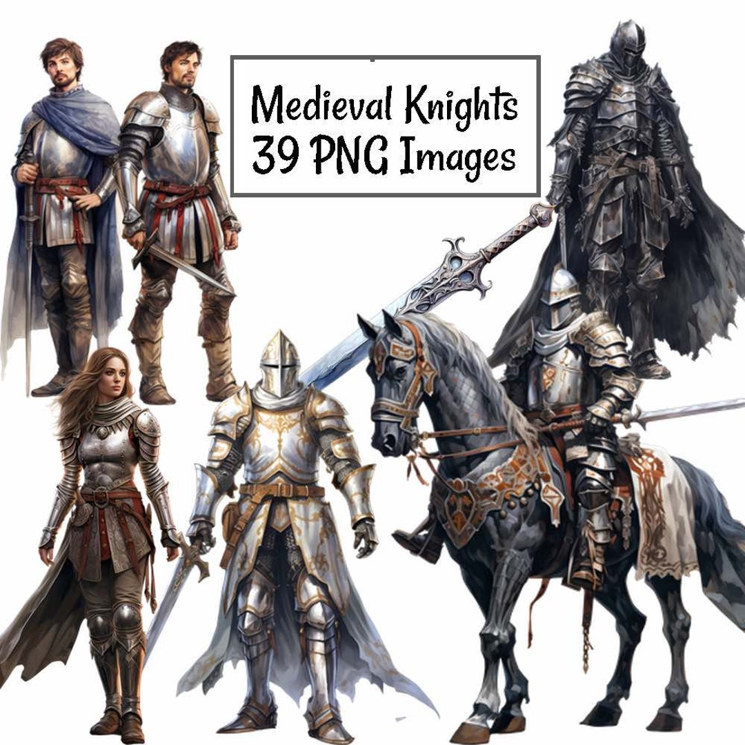 Medieval Knights Clipart Digital Downloads Watercolor Overlay Armor Horses Soldier Transparent ...