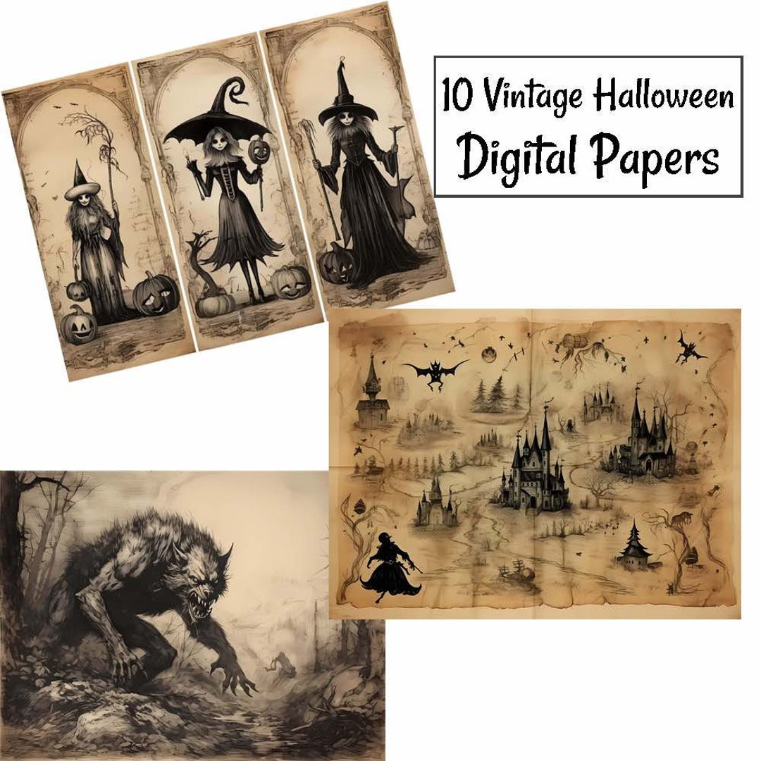 Vintage Halloween Digital Papers, 10 Holiday Old Decoupage Ephemera ...