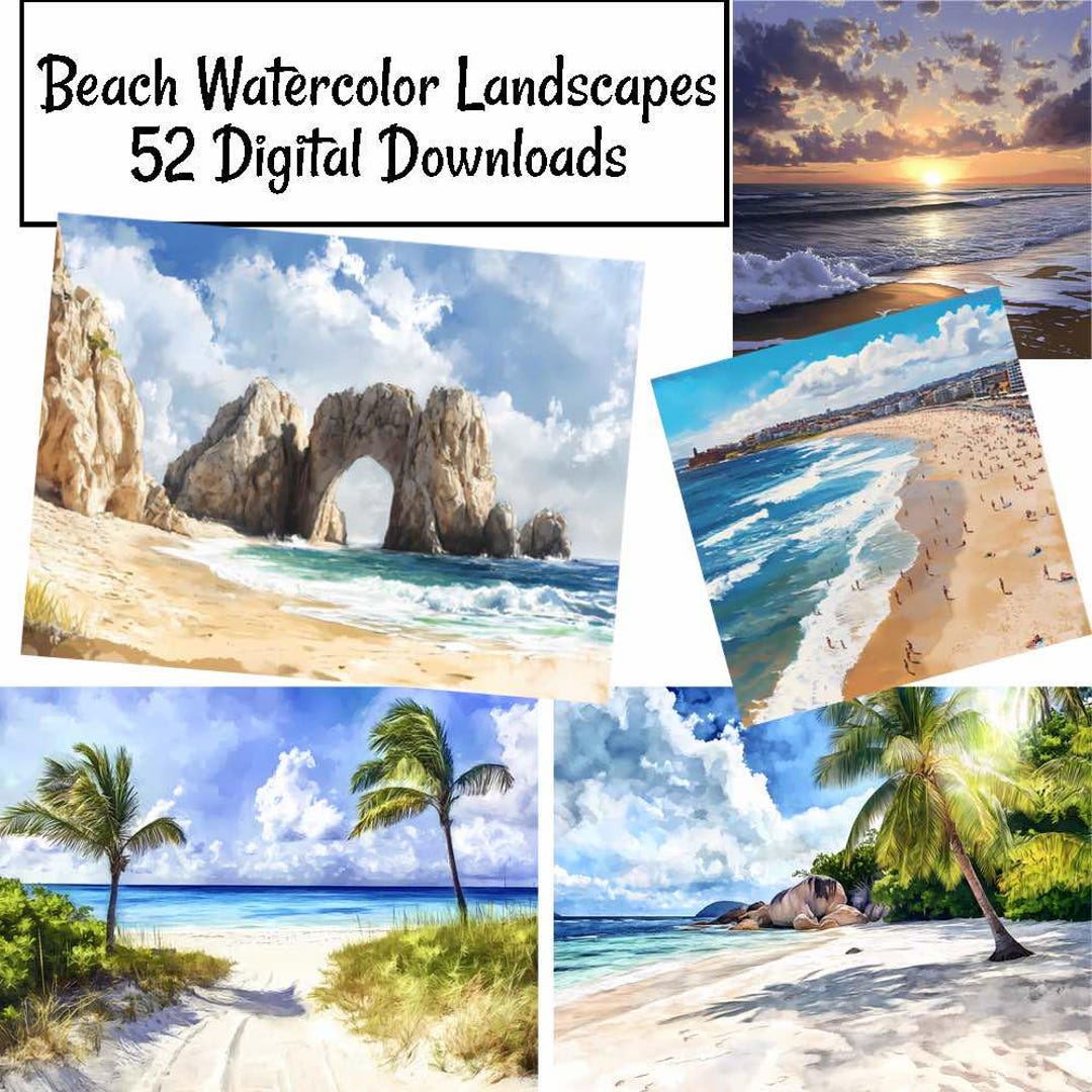 Beach Landscape Digital Downloads Clipart Watercolor Seascape Ocean ...