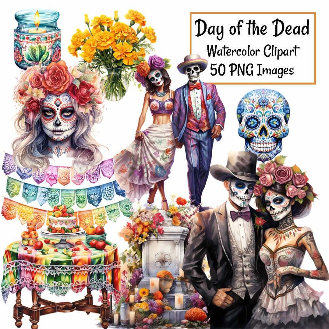 Day of the Dead Watercolor Clipart Digital Downloads, 50 Día De Muertos ...