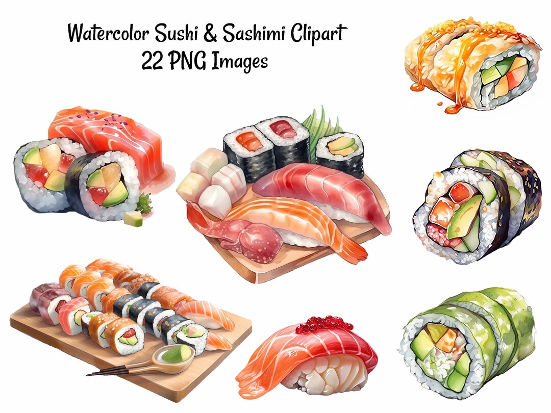 22 Sushi Sashimi Bundle Clipart Digital Downloads, Watercolor Overlay ...