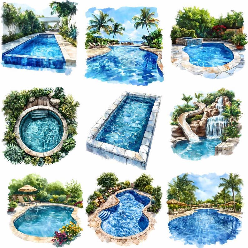Pool Watercolor Clipart Poolside Summer Art Pool Party Digital ...
