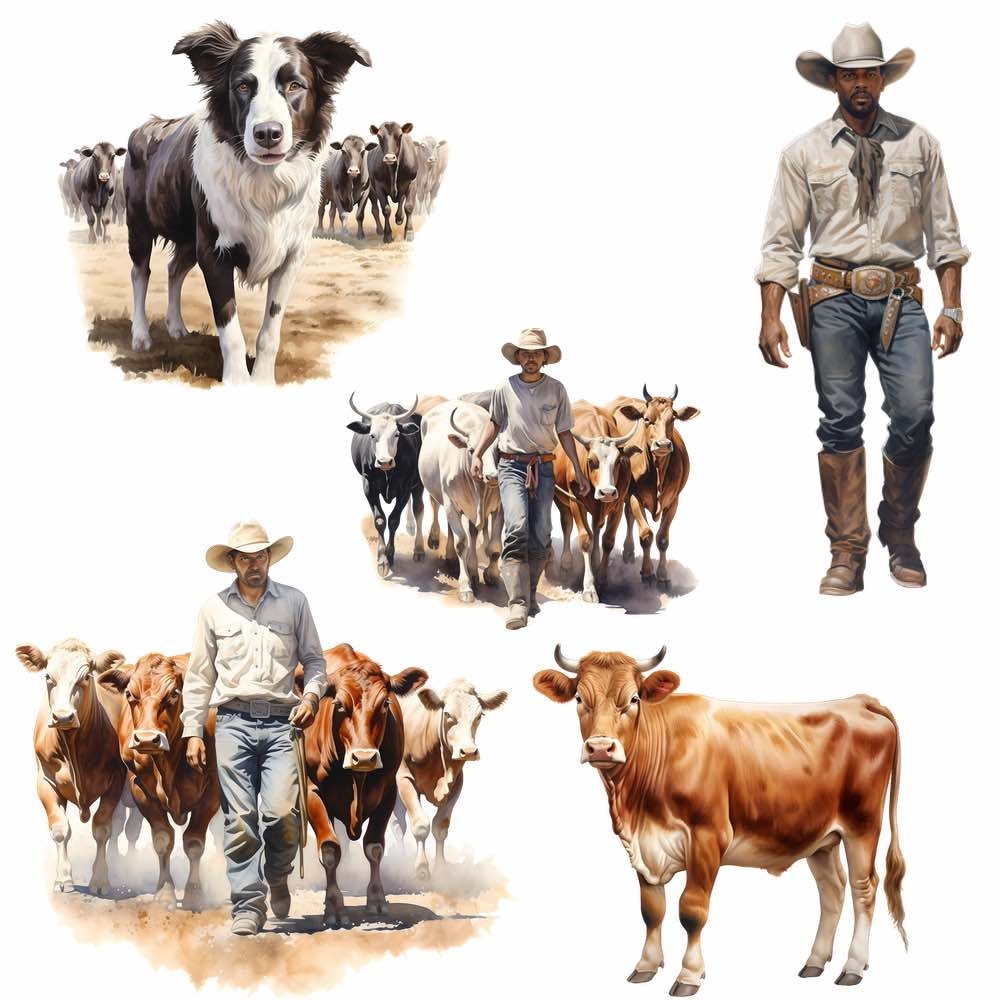 Cowboy Cattle Ranch Herding Clipart Digital Downloads, Watercolor ...