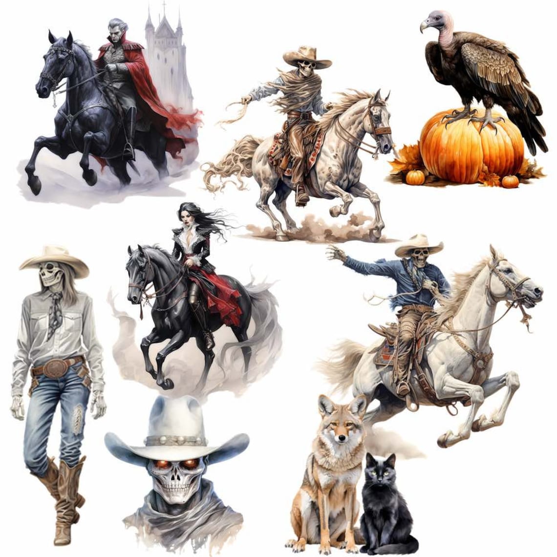 Western Halloween Watercolor Clipart Digital Downloads Overlay Horror ...