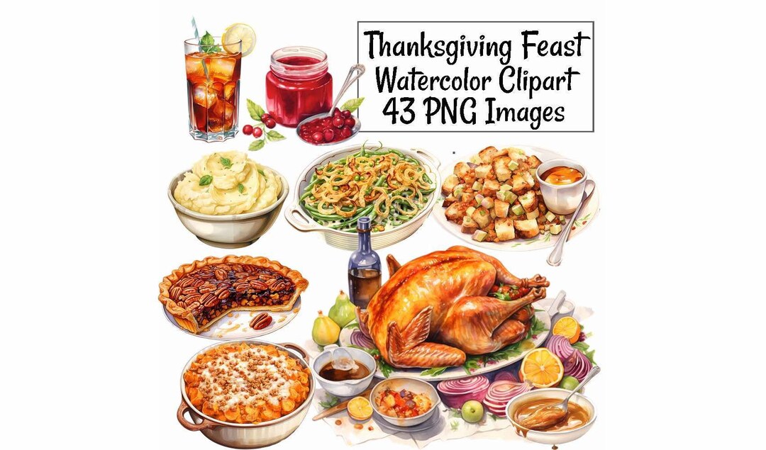 Thanksgiving Dinner Feast Huge Watercolor Clipartdigital Downloads Food ...